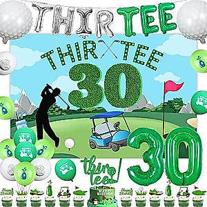 Kreatwow Golf 30th Birthday Party Decorations Green Thir Tee Backdrop Balloon Banner Cake Topper Golf Themed Cupcake Toppers for Golfer Fans Sports Themed 30th Birthday Party Supplies