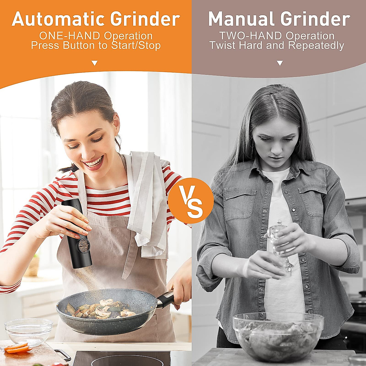 Electric Salt and Pepper Grinder Set (2 Pack), Rechargeable - No Battery Needed - Automatic Salt Pepper Mill Grinder, Adjustable Coarseness, LED Light, One-Hand Operation for Kitchen BBQ