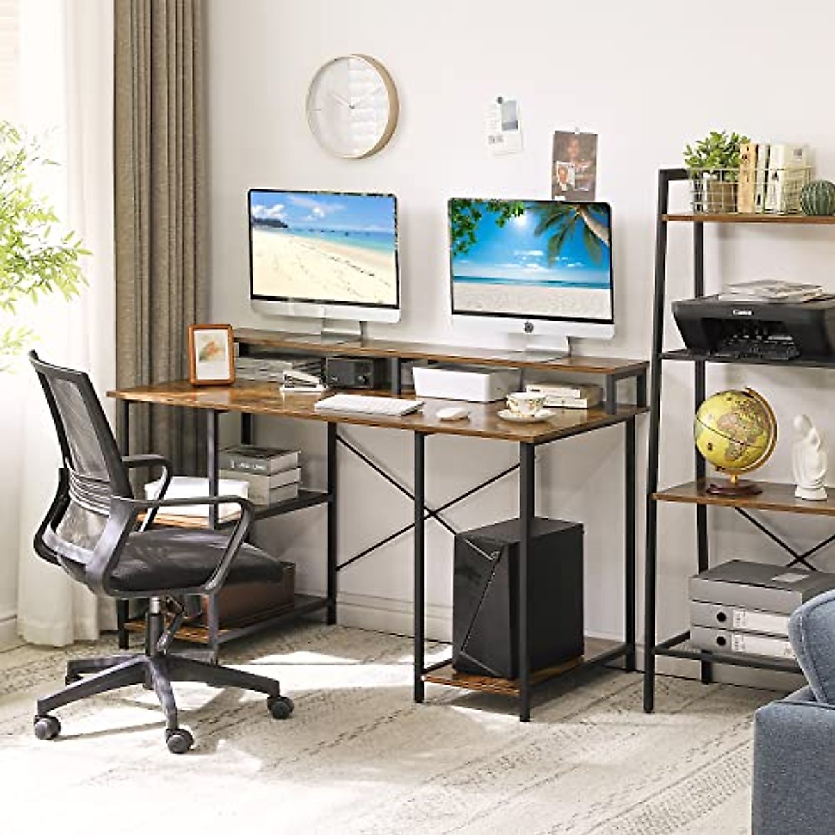 IBUYKE 55" Computer Desk, Office Table, Gaming Workstation with Storage Shelves/Monitor Stand, Study Table for Home Office, Space-Saving, Easy to Assemble, Rustic Brown and Black UTMJ056H
