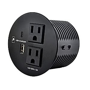 Black Tabletop Power Grommet with 2 AC Power Outlets + 1 USB-A Charger + 1 USB-C Charger and 10 FT Power Cord
