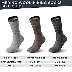 3 Pairs Thermal 80% Merino Wool Socks Hiking Crew, black, gray, brown, men’s shoe size 9-12, women’s 11-13