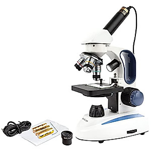 AmScope M158C-2L-E Digital Cordless Compound Monocular Microscope, WF10x and WF25x Eyepieces, 40x-1000x Magnification, Upper and Lower LED Illumination with Rheostat, Brightfield, Single-Lens Condenser, Coaxial Coarse and Fine Focus, Plain Stage, 110V or