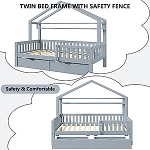 Aoowow Twin Size House Bed with Storage Drawers & Shelf,Kids Wooden Bed Frame Twin Platform Bed with Slats and Fence for Boys Girls Teens for Bedroom(Grey)