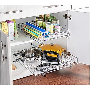 FILTREN Set of 2 Large Pull Out Organizer, Expanding Sliding Cabinet Drawer with Black Liners 30x20x4 in.