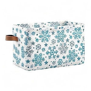 Winter Snowflake Blue Sliver Storage Basket Fabric Laundry Baskets Christmas Bells Xmas Snowman Storage Boxes Organizer Bag for Baby Cloth Dog Toy Book Storage Cubes Shelf Closet Bins 16×12×8 Inches