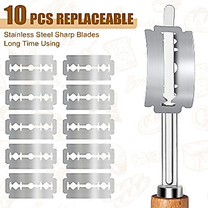 Rongyman Bread Lame with 10 Pieces Replaceable Blades, Stainless Steel Bread Lame Knife with Wooden Handle, Sourdough Scoring Tool with Leather Protective Cover for Bread Baking