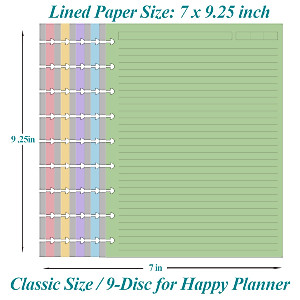 9-Disc Discbound 5 Colorful Line Paper Pre-punched Happy Planners Inserts, 100Sheets/200Pages Classic Size Line Loose-Leaf Paper, Per Color 20 Sheets, 7" x 9.25"