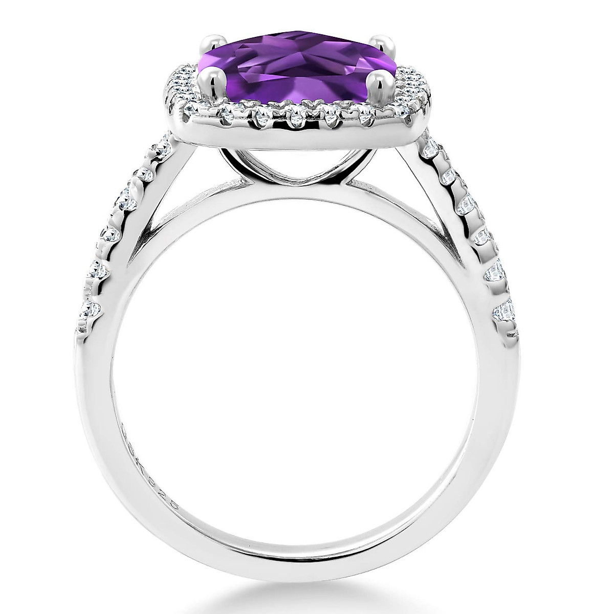 Gem Stone King 925 Sterling Silver Purple Amethyst and White Created Sapphire Engagement Ring For Women (2.60 Cttw, 8MM Cushion Cut, Gemstone Birthstone, Available in size 5, 6, 7, 8, 9)