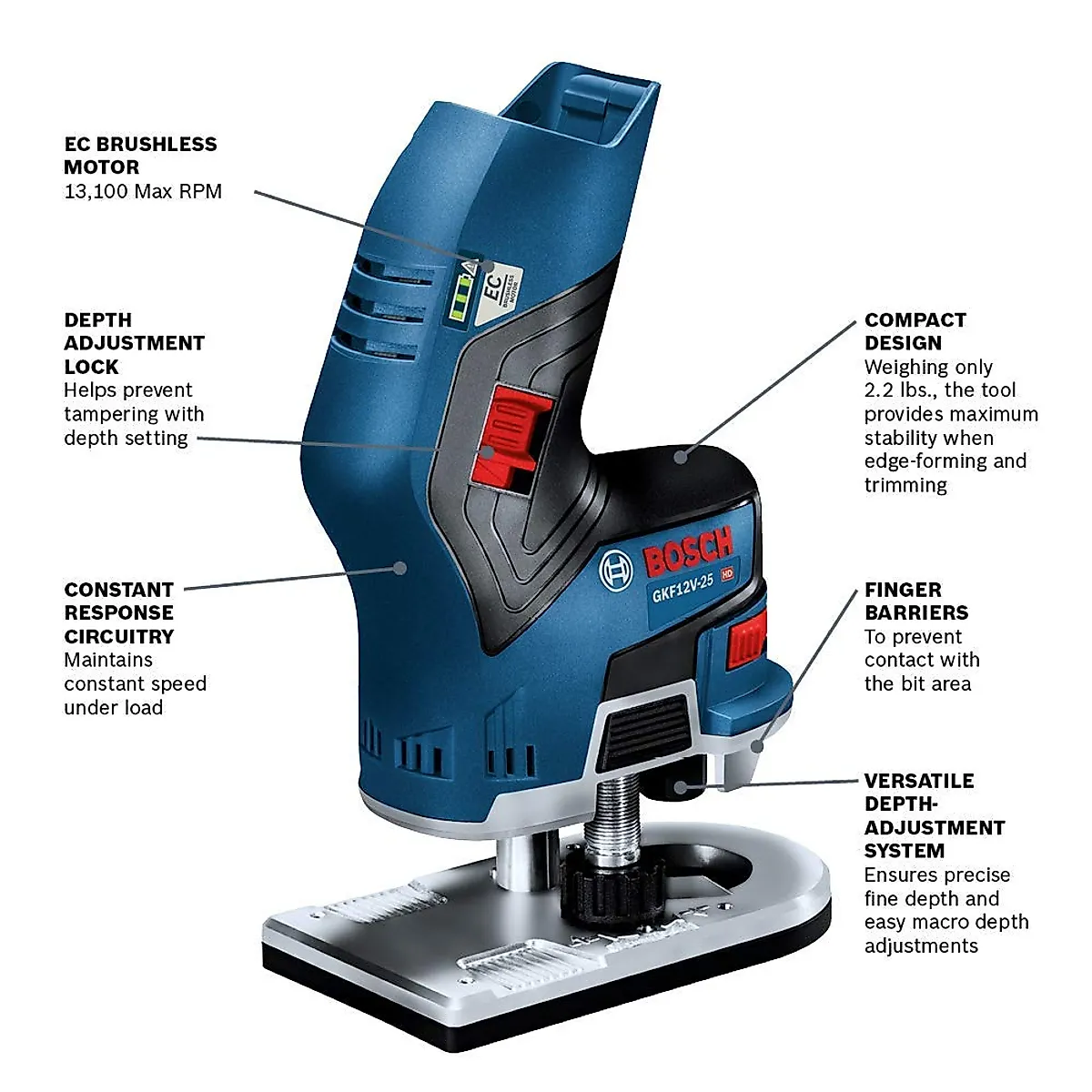 Bosch 12V Max Palm Edge, 13000 RPM EC Brushless Motor, Bare Tool Router with Cordless Convenience, Depth-Adjustment System (Renewed)