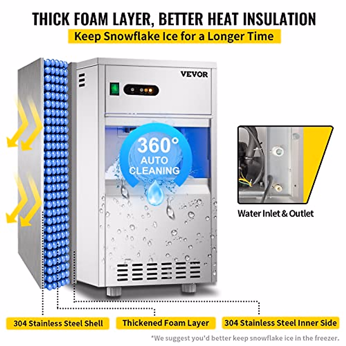 VEVOR 110V Commercial Snowflake Ice Maker 44LBS/24H, ETL Approved Food Grade Stainless Steel Flake Ice Machine Freestanding Flake Ice Maker for Seafood Restaurant, Scoop Included