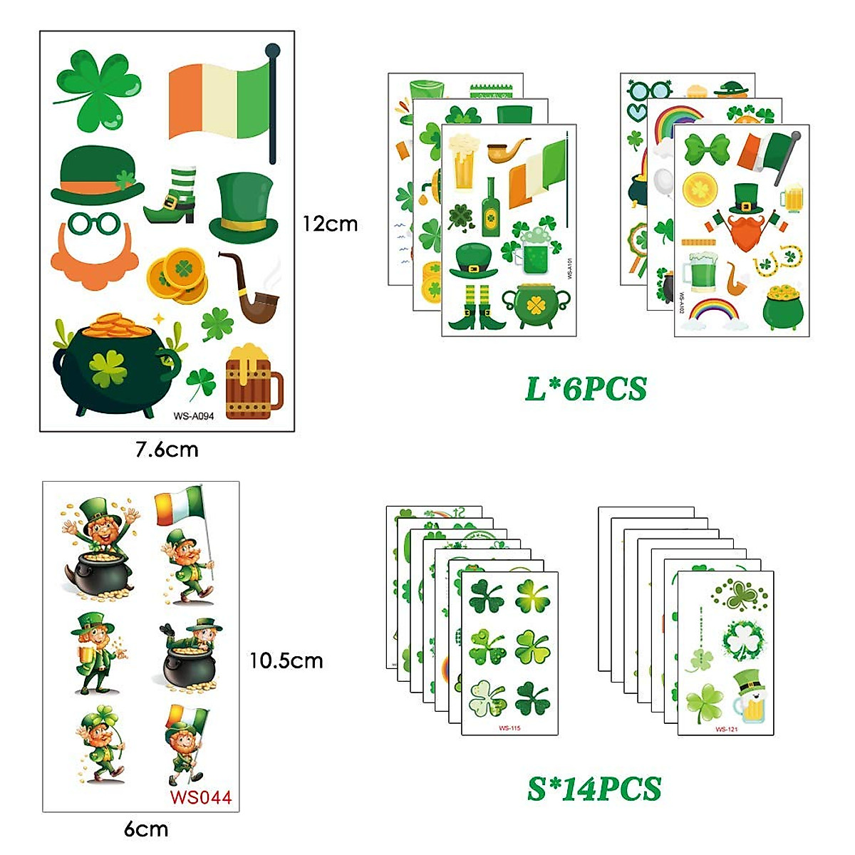 BROTOU 20 Sheets St. Patrick's Day Tattoos Stickers, Shamrock Tattoos Temporary Stickers, Irish St. Patrick's Day Parade and Favors Party Decorations