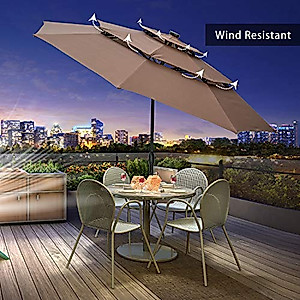 Klismos 10FT 3 Tiers Patio Umbrella with Lights Windproof Outdoor Market Umbrella Large Waterproof Table Umbrella with Tilt and Crank(Coffee)