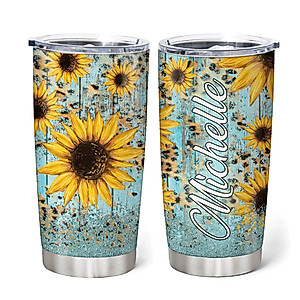 Hyturtle Personalized Gifts For Sunflower Lover - Sunflower Prints Custom Name Stainless Steel Tumbler 20oz With Lid - Idea Floral Lover Gifts For Women Girl On Birthday, Christmas