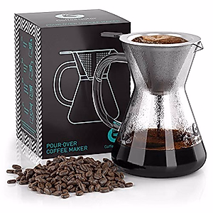 Coffee Gator Pour Over Coffee Maker - 14 oz Paperless, Portable, Drip Coffee Brewer Pour Over Set w/Glass Carafe & Stainless-Steel Mesh Filter, 400ml Clear