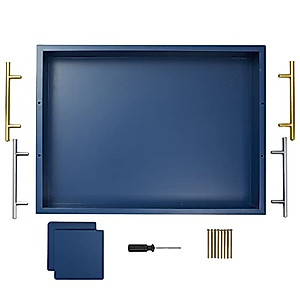 Blue Serving Tray for Coffee Table, 16x12 with Coasters, Decorative Interchangeable Gold and Silver Handles