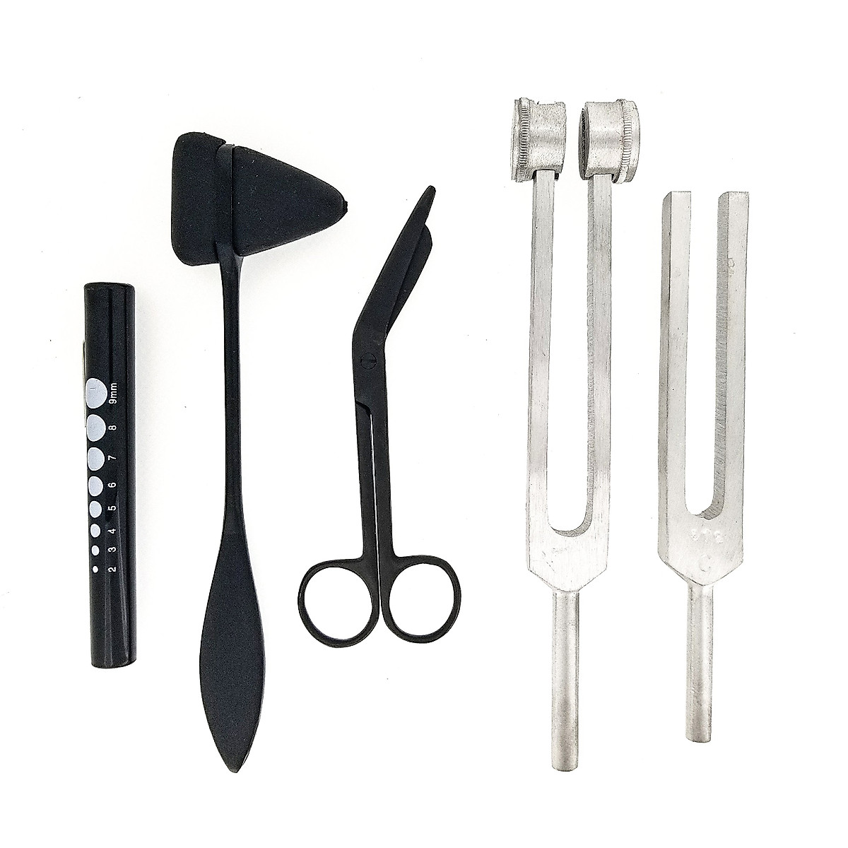 SURGICAL ONLINE Ultimate Medical Student Diagnostic Set - Premium Stethoscope & Tactical Black Set of 5 pcs Reflex Percussion Taylor Hammer + Penlight + Tuning Fork C 128 C 512 + Bandage Scissors 5.5