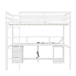 Full Loft Bed with Desk and LED Lights, Wooden Full Size Loft Bed with Storage and Charging Station, High Loft Bed Frame for Kids,Teens, Adults, No Box Spring Needed (Full, White)