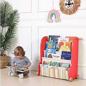 Bolocon Kids Car-Shaped 5-Tier Sling Book Rack Features Two Top Handles for Toddler Boys and Girls Gift,Storage Bookcase Bookshelf Organizer with Deep Canvas Sleeves (Racing Red)