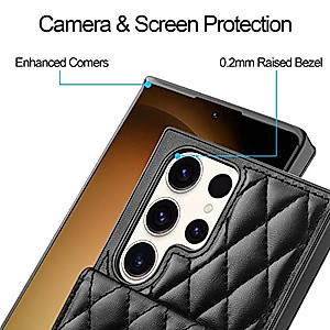 Coolden for Galaxy S23 Ultra Cases 6.8" Quilted Leather Women Luxury Phone Cover Crossbody Strap Kickstand Slim Square Armor Card Holder Slots Wallet Case for Samsung Galaxy S23 Ultra, Black