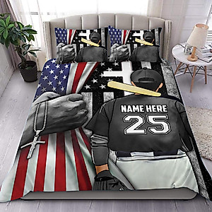 OhaPrints Personalized Baseball Duvet Cover, Baseball Player Christian American Flag Cross Bedding Set & Pillowcases Custom Name & Number Soft Lightweight Twin Full Queen King Comforter Cover Bed Set