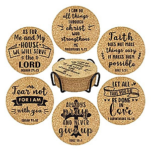 Homythe Christian Gifts for Women Men, Bible Verse Scripture Coasters with Inspirational Thoughts and Prayers, Religious Housewarming Gift for Friends Family, 6 Pcs Cork Coasters with Metal Holder