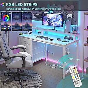 Lufeiya White Desk with 4 Drawers - 47 inch Gaming Desk with Monitor Stand, Computer Gaming Desk with LED Lights Power Outlets and Storage Bag Fabric Drawer for Home Office, Bedroom, White
