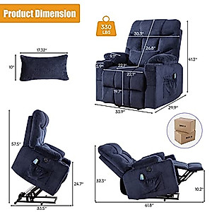 Consofa Power Lift Recliner, Lift Chair with Heat and Massage, Lift Recliner Chairs for Elderly, Electric Power Lift Recliner Chair with Lumbar Pillow, 4 Pockets and 2 Cup Holders, Plush Fabric (Blue)