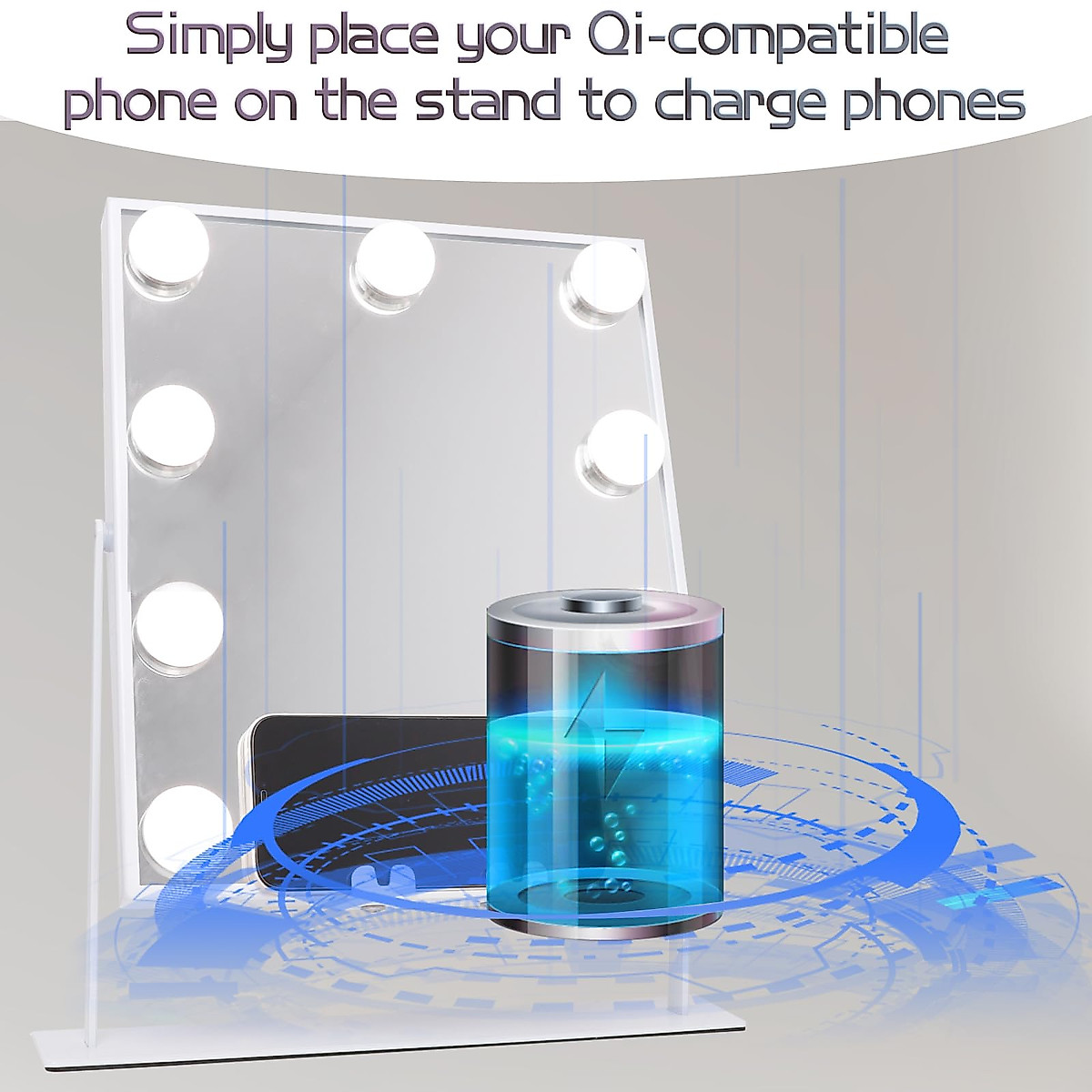 MISAVANITY Hollywood Vanity Mirror with Wireless Charging and Speaker 9.84" x11.81" Lighted Makeup Vanity Mirror with 9 Bulbs 360 Rotation 10X Magnification 3 Color Lighting Modes Mirror, White