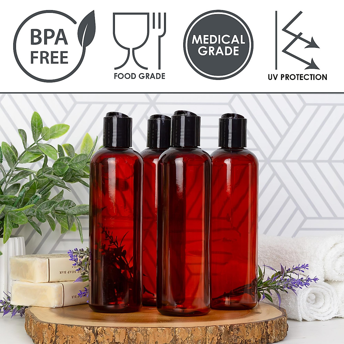 Cornucopia Brands 8oz Plastic Bottles w/Disc Top Flip Cap (6-Pack); BPA-Free Containers For Shampoo, Lotions, Liquid Body Soap, Creams (8 ounce, Amber Brown)