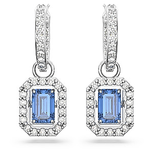 Swarovski Una Earrings, Octagon cut Swarovski Zirconia, Blue, Rhodium Finish