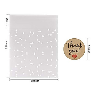 Self Adhesive Cookie Bags Treat Bags, Resealable Cellophane Bags, White Polka Dot Individual Cookie Bags with Thank You Stickers for Gift Giving (3.9''x3.9'', 100 Pcs)
