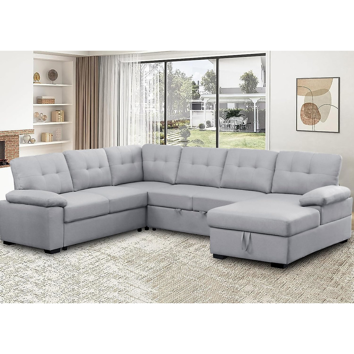 Sleeper Sofa Couch Bed with Pull Out Couch Living Room Set Sectional Sleeper Sofa with Storage Chaise Modular Couch Fabric Sofa Bed in Grey