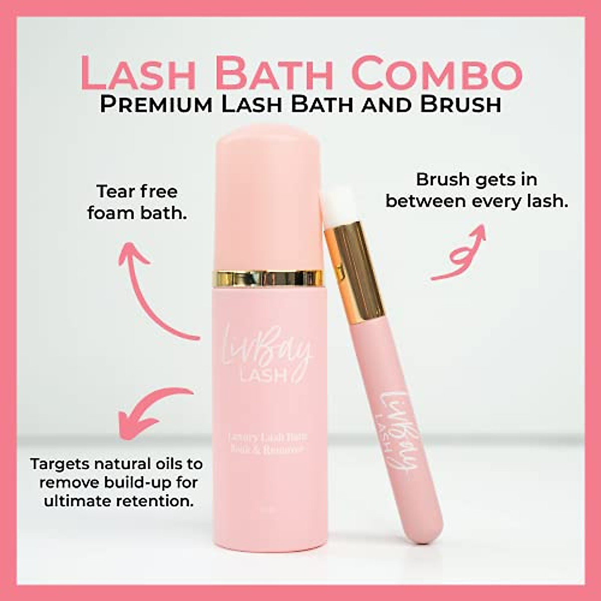 LIVBAY New Lash Bath + Brush Combo - Aftercare Foaming Cleanser for Eyelash Extension | Lash Bath | Oil Free & Gentle Formula (Professional Use Only)