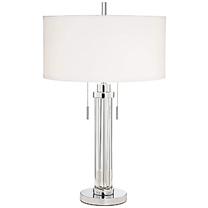 Possini Euro Design Cadence Modern Art Deco Style Column Table Lamp 30" Tall Chrome Silver Linear Clear Glass Rod White Drum Shade Decor for Living Room Bedroom House Bedside Nightstand Home Office