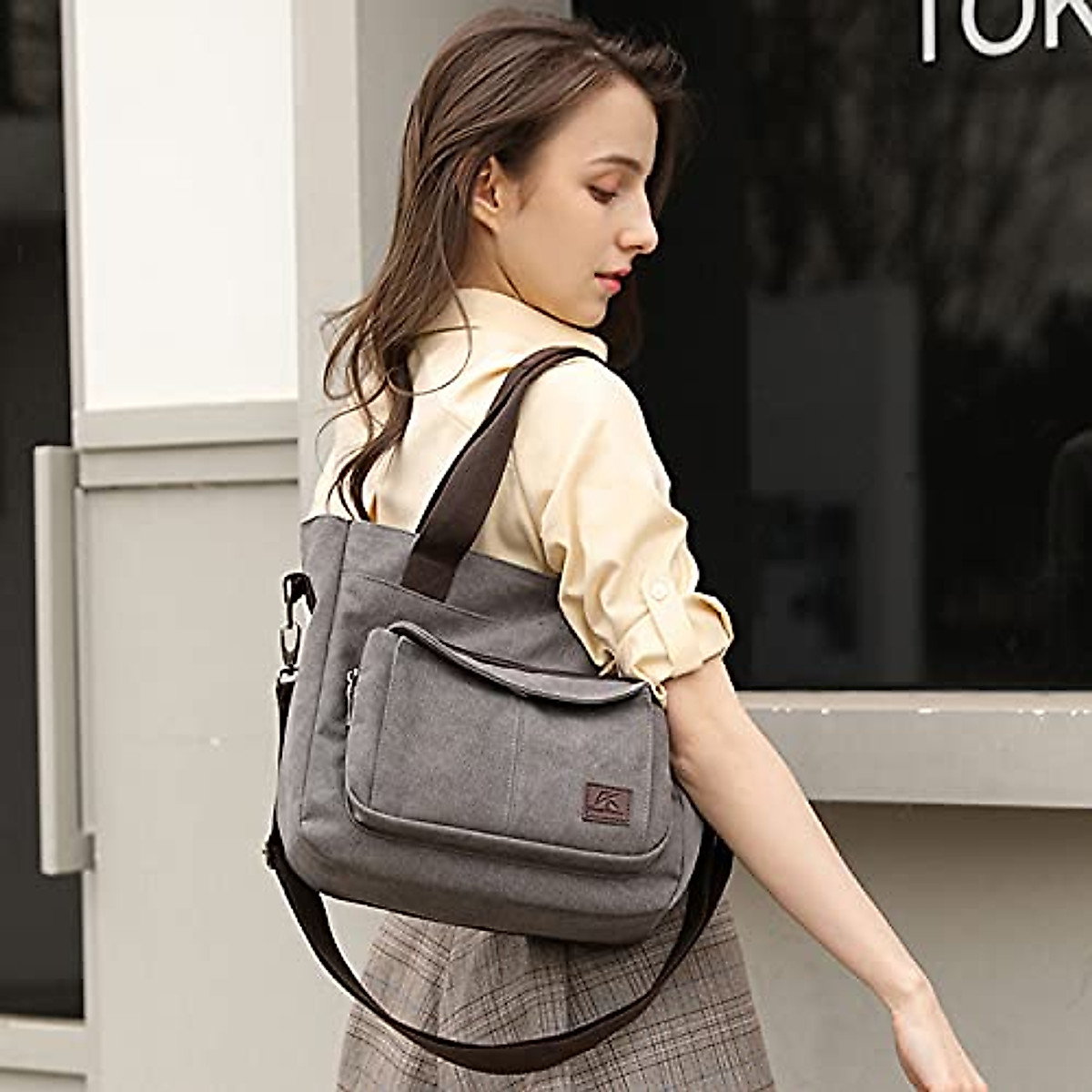 Women's Canvas Top Handle Handbag Stylish Multi-pocket Shoulder Tote Purse Work Crossbody Bags (Grey) One Size