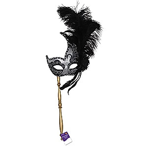 Beistle Plastic Costume Masquerade Mask on Stick With Feathers For Mardi Gras Party Supplies and Halloween Accessories