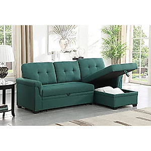 Lilola Home Linen Reversible Sleeper Sectional Sofa with Storage Chaise, Green