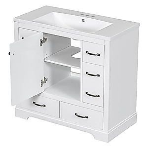 Merax 36" Bathroom Vanities Sink Set, Ceramic Undermount Top, Freestanding Cabinet with Door and Multi-Functional Drawers, Storage Divider, White