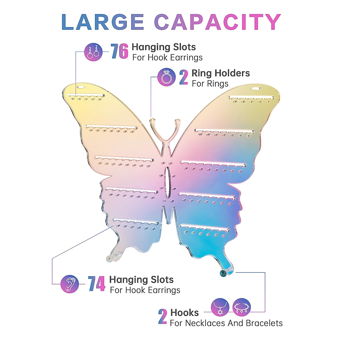 NiHome Iridescent Acrylic Butterfly Wall Mount Jewelry Organizer, Aesthetic Earring and Necklace Holder for Home and Store Use, Easy No-Tool Installation & Elegant Design for Enhanced Jewelry Display