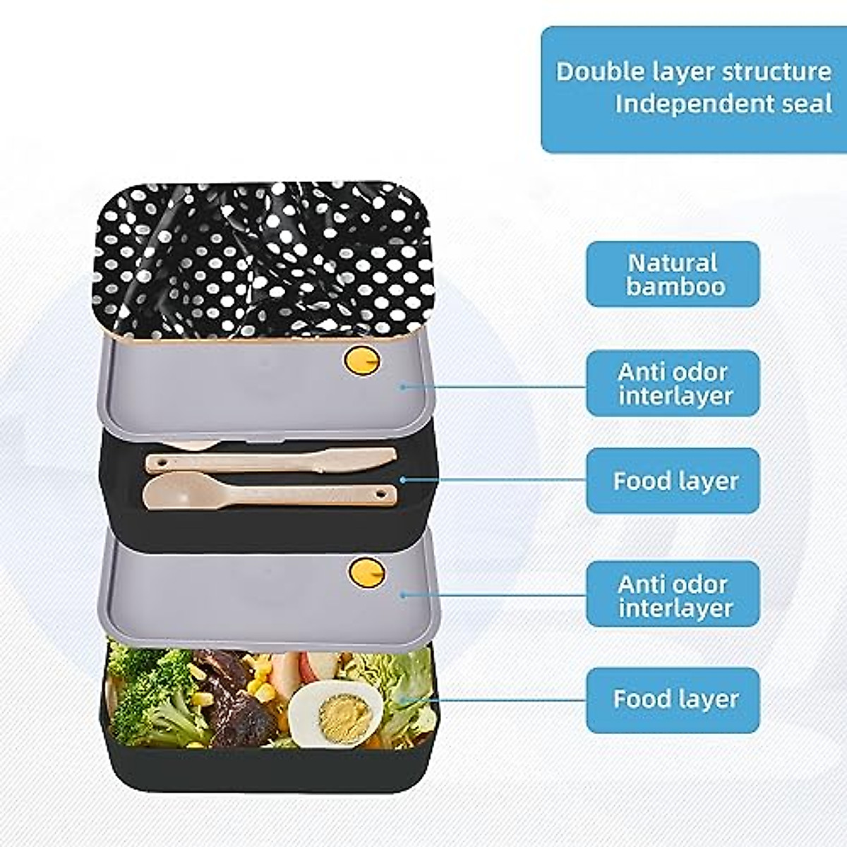 Black And White Corrugated Dots Adult Lunch Box, Bento Box, With Cutlery Set Of 3, 2 Compartments, Rectangular, Lunch Box For Adults