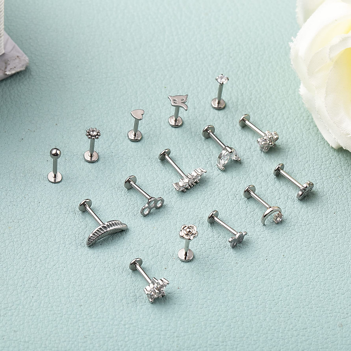 NICEIGHT 15PCS 16G 316L Stainless Steel Cartilage Earring Stud Internal Thread CZ Flower Moon Labret Studs Tragus Helix Monroe Piercing Jewelry Silver