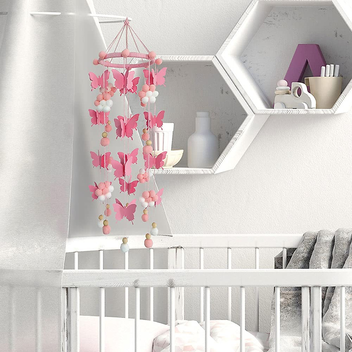 Baby Crib Mobile, Cute Butterfly Wind Chime, Handmade Felt Ball Mobile Ceiling Mobile Hanging Decoration for Newborn Nursery, Baby Nursery Room Decor(Pink)