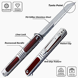 ohmonlyhoo Pocket Knife for Men, 3.5 inch Folding Knife with Pocket Clip,Rosewood Handle Tanto Knife, Great Gift For Men and Women