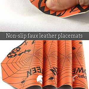 FemGe Halloween Placemats Set of 4 Ghost Bat Horror Orange Table Mats Round Faux Leather Thick Placemats Machine Washable Non-Slip Heat Resistant Place Mats for Kitchen Table Holiday Decor 14 Inch