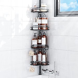 LAMU Corner Shower Caddy Tension Pole, Shower Corner Caddy Fits 29-111 Inch Heights, Tension Shower Caddy With Adhesive Clamp, Four-Tier Adjustable Shower Caddy, 4 Hooks, Thick Rustproof Steel, Black