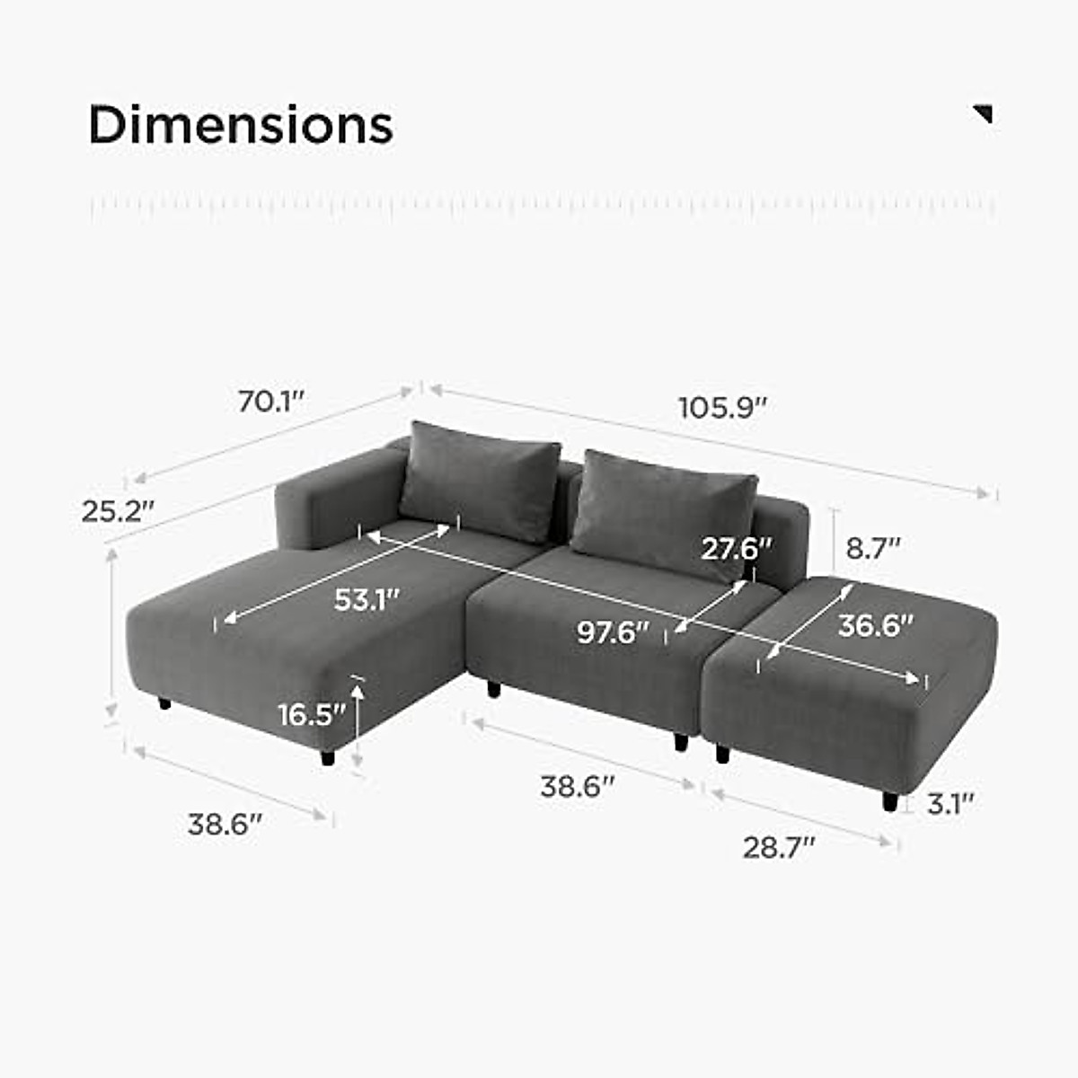 Acanva Soft Corduroy Sectional Modular Sofa Set, Modern L-Shaped Chaise Couch for Living Room, Apartment, Office, Small Spaces, Grey