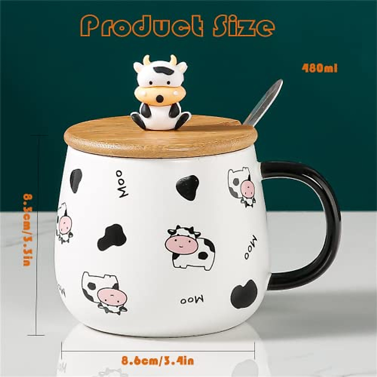 Arawat Cute Cow Coffe Mug with Lid and Spoon Cow Print Stuff Gifts 400ml Ceramic Tea Coffee Cup Kawaii Cow Mugs Funny 3D Animal Cow Mug Birthday Gifts for Women Girls Cow Lovers