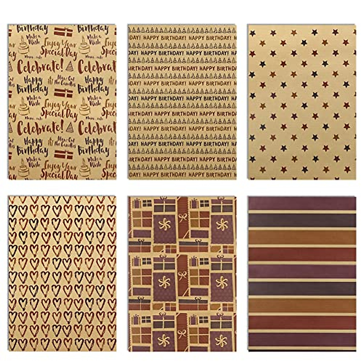 Kraft All Occasion Gift Wrapping Paper Birthday Gift Wrap 6 Sheets For Men Women Boys Girls Kids | Dark Pupple Brown Blue | For Birthdays Fathers Day Halloween Weddings Showers Holidays Thanks Giving Christmas Gifts