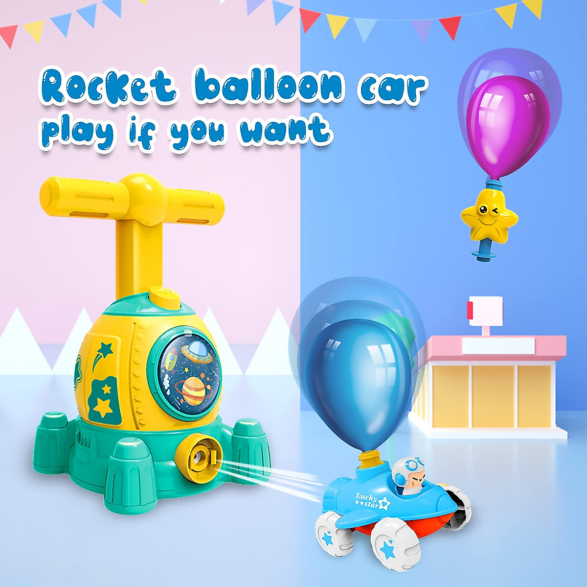 PZJDSR Rocket Balloons Car with Pump Balloon Launcher Car Toy Set Balloon Powered Cars with Manual Pump Toy Gift Balloon car Preschool Science Toys Suitable for Boys and Girls 3+ Years（Yellow+Green）