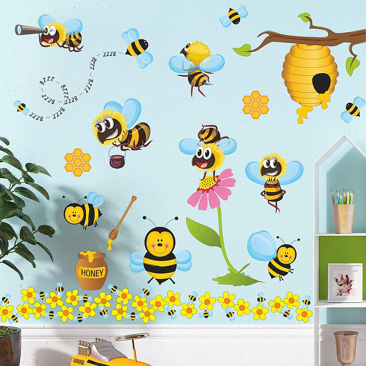 RW-1061 3D Bee Wall Decals Bee Flowers Wall Stickers Cartoon Animals Stickers DIY Removable Animals Tree Branch Wall Art Decor for Kids Babys Nursery Bedroom Living Room Playroom Classroom Decoration